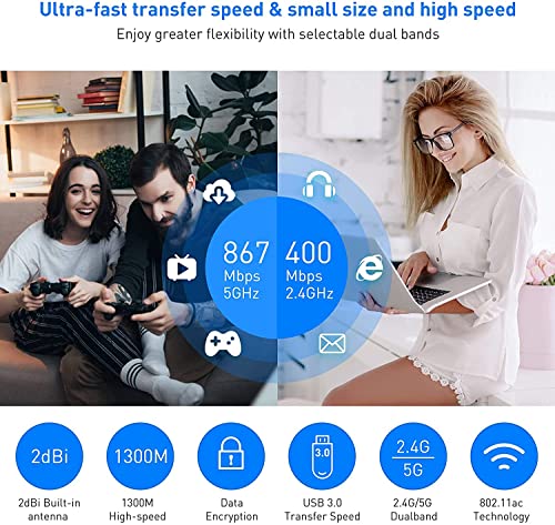 EDUP AC 1300Mbps USB WiFi Adapter for PC USB 3.0 Wireless Dongle, 5Ghz /2.4Ghz Dual Band 802.11ac Network Adapter for Desktop Laptop,Built-in Antenna Supports Windows 10/8/7/XP/Vista/Mac10.6~10.15