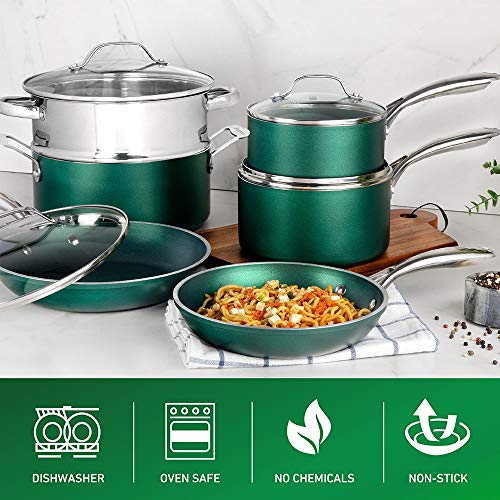 Granitestone Diamond Granite Stone Classic Emerald Pots and Pans Set with Ultra Nonstick Durable Mineral & Diamond Tripple Coated Surface, Stainless Steel Stay Cool Handles, 10 Piece Cookware, Greenā¦