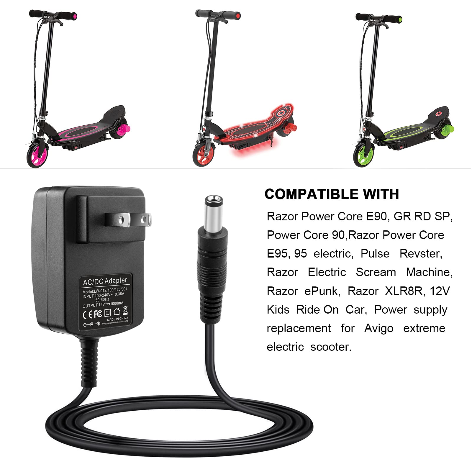 12V 1A Power Adapter for Razor Power Core 90, E90 E95 95 Charger, ePunk, XLR8R, Electric Scream Machine, Kids Ride On Toys, Electric Scooter Power Supply - 6.5 FT Battery AC DC Power Cord Charge