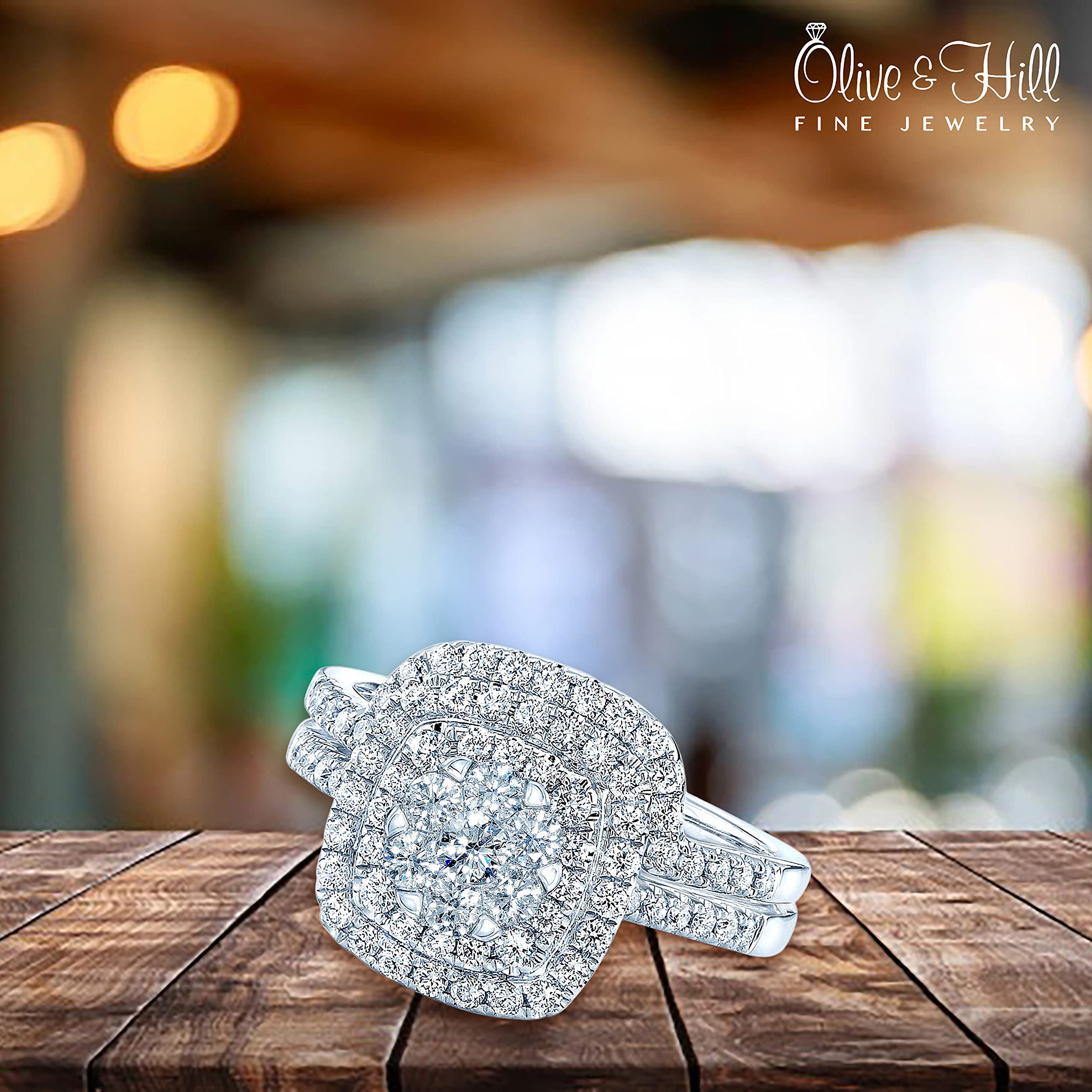 14K White Gold 0.95 Cttw Diamond Cushion-Shape Double Halo Cluster Entourage Wedding & Engagement Ring Set (H-I Color), Size 7