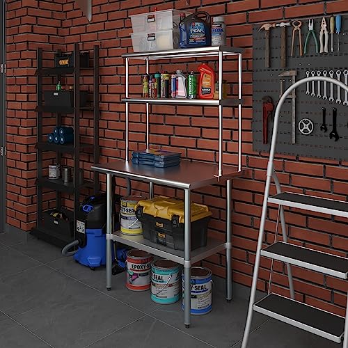 Amgood Stainless Steel Work Table Double Tier Overshelf | Metal Kitchen Prep Table & Shelving Combo | NSF (24" x 36" Work Table + 12" Overshelf)
