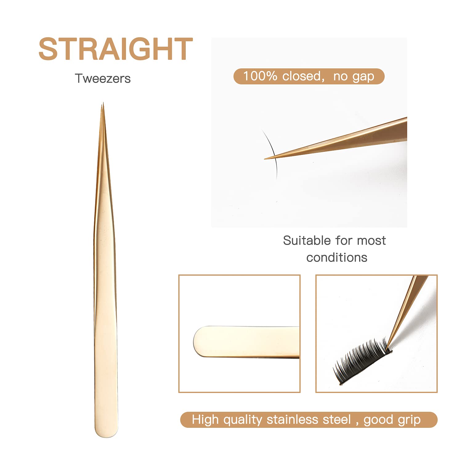 Eyelash Extension Tweezers, 3-Pack,Professional Stainless Steel Tweezers for Volume Lashes, Straight and Curved Tips for 3D-6D,Golden