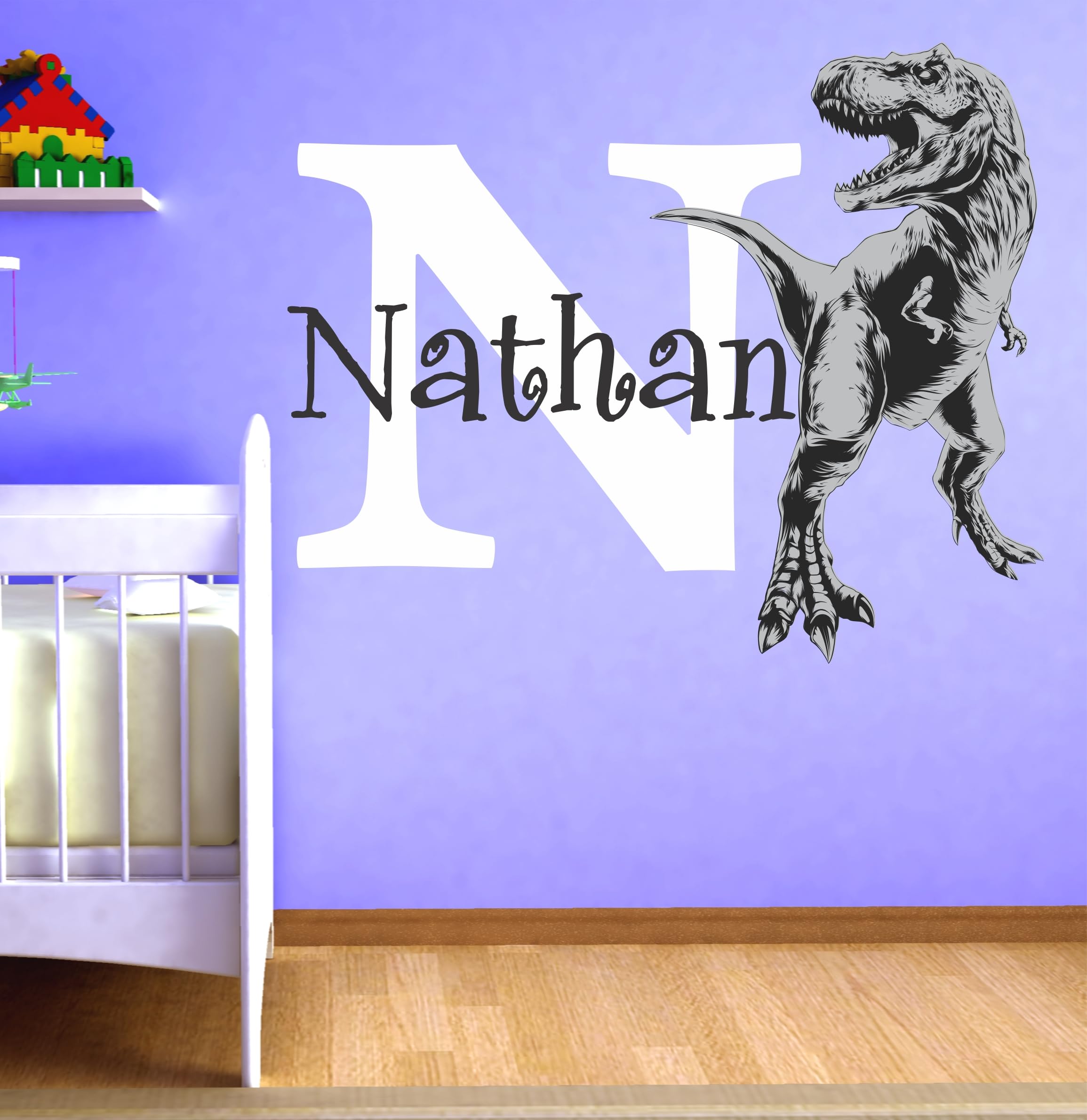 Boys Nursery Blue T Rex, Tyrannosaurus Dinosaurs Personalized Custom Name Initial Vinyl Wall Decal Decor Stickers, Customized Nursery Dino Theme, (Multiple Size Choices) (White Initial/Grey Dinosaur)