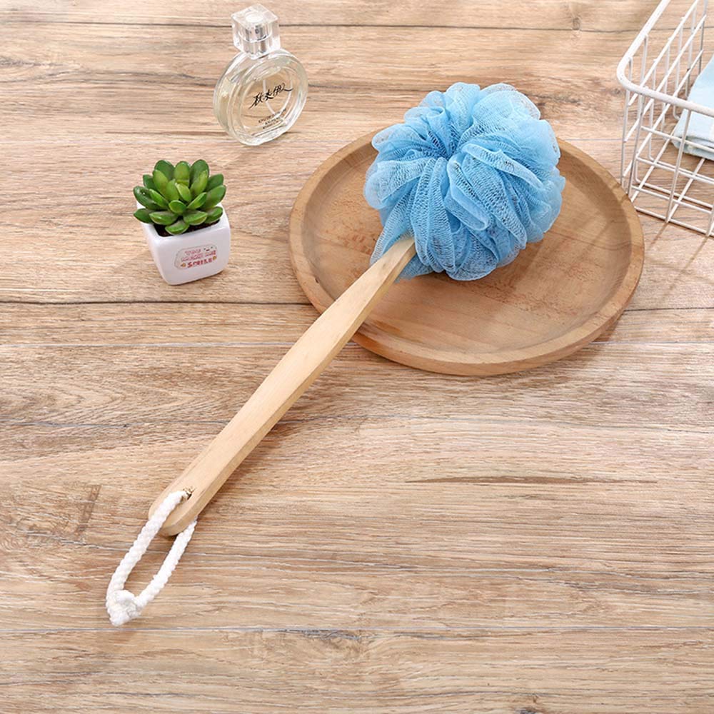 Arswin Loofah Back Scrubber for Shower,Wooden Handle Bath Sponge Lufa Shower Brush, Soft Nylon Mesh Back Cleaner Washer, Body Brush for Women&Kids Bathroom Shower Accessories (Blue)