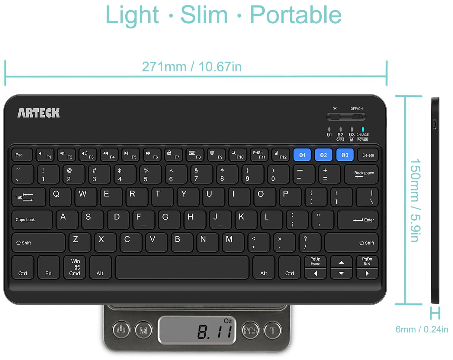 Arteck HB220B Universal Backlit 7-Colors & Adjustable Brightness Multi-Device Slim Portable Wireless Bluetooth 3.0 Keyboard for iOS, Android, Windows Tablet PC Smartphone Built in Rechargeable Battery