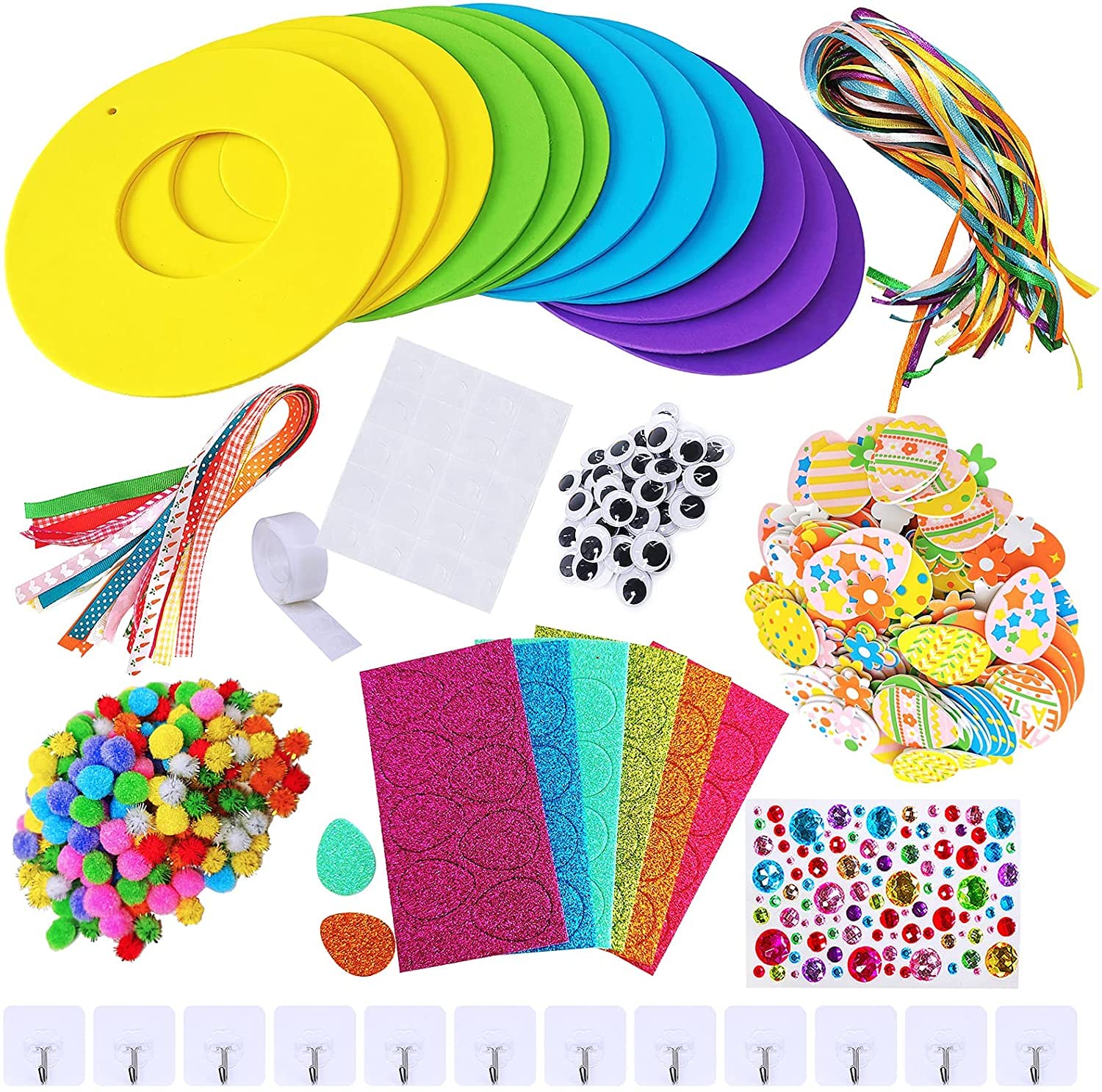 12 Sets Easter Wreath Signs Decorations DIY Foam Easter Craft Kits Easter Eggs Bunny Chick Foam Stickers Pom-Poms Googly Eyes for Kids Classroom Home Activity Art Project Gift Easter Front Door Décor