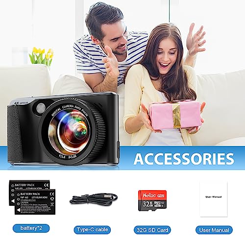 4K Digital Camera,Auto Focus 48MP Vlogging Camera for YouTube and Anti-Shake Video Camera with 3'' TPS Screen, Flash,18X Zoom Travel Portable Digital Camera with 32GB Card,2 Batteries (Black)