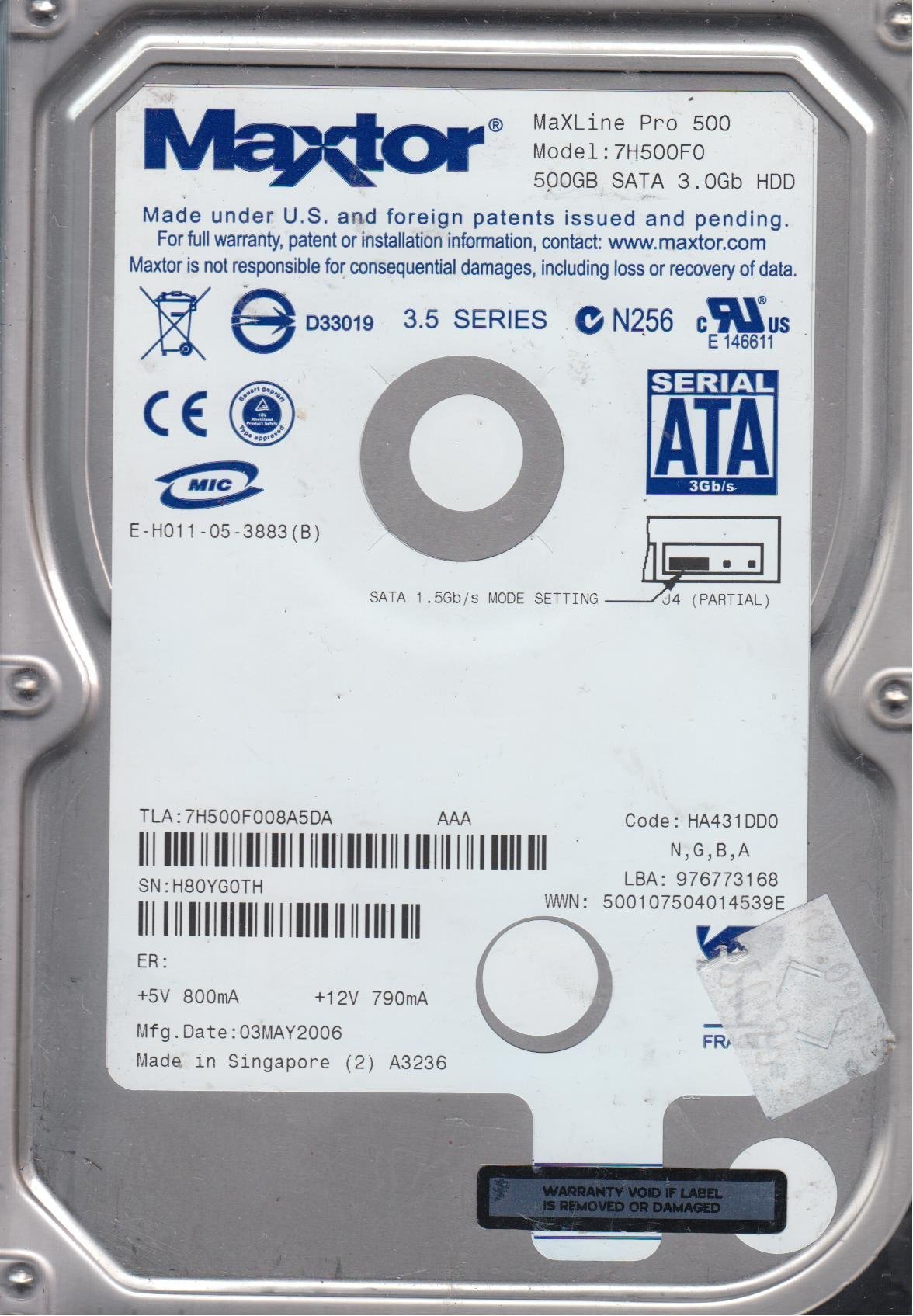 7H500F0, Code HA431DD0, NGBA, Maxtor 500GB SATA 3.5 Hard Drive