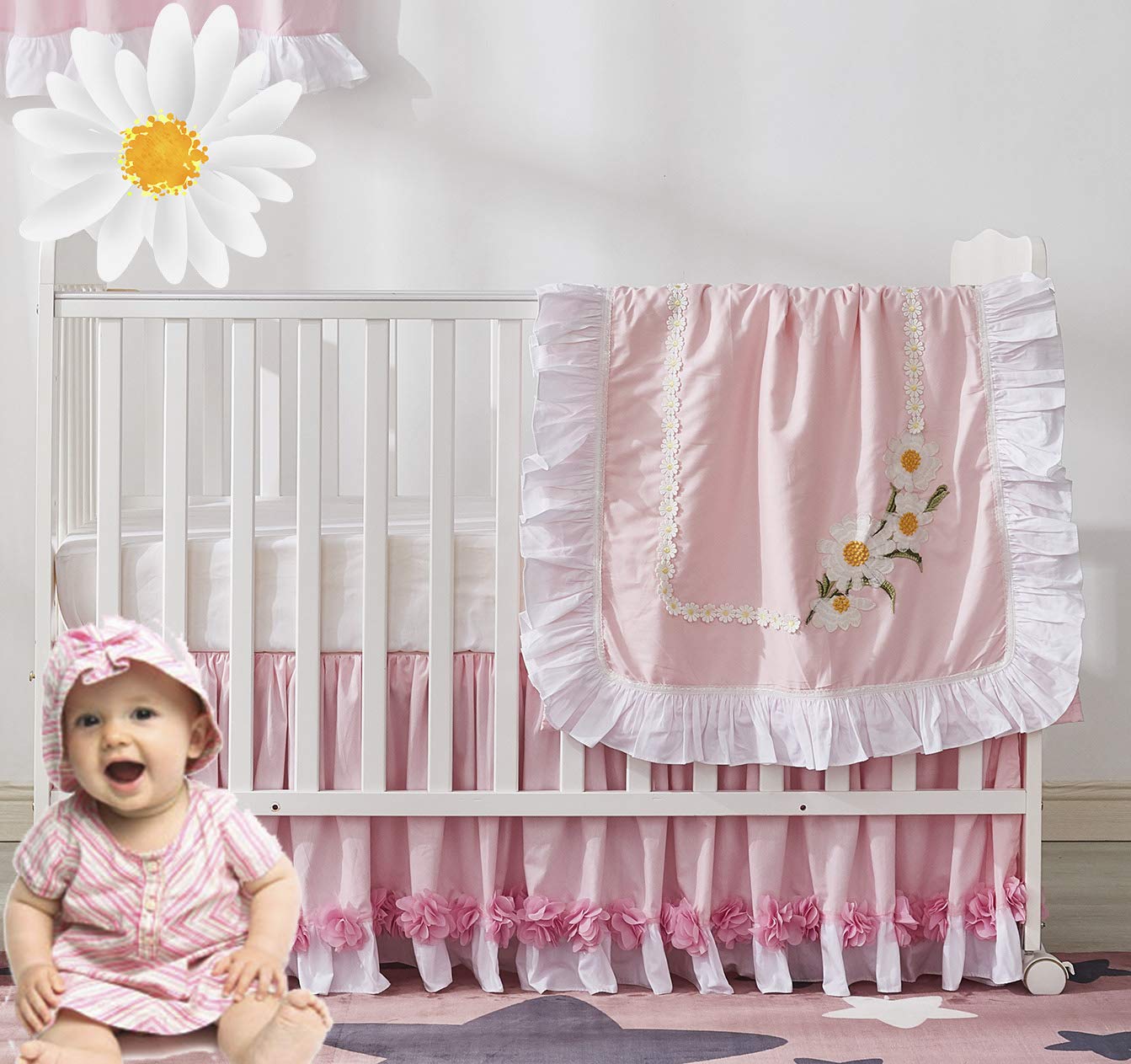 Brandream Crib Bedding Set for Girls Pink Princess Nursery Bedding 3 Pc Sweet Daisy Ruffle Blanket, 100% Cotton