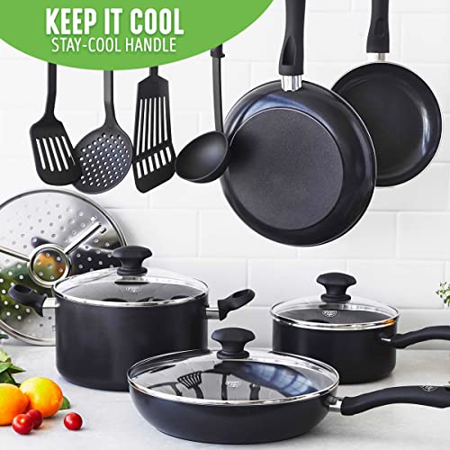GreenLife Soft Grip Diamond Healthy Ceramic Nonstick, 13 Piece Cookware Pots and Pans Set, PFAS-Free, Dishwasher Safe, Black