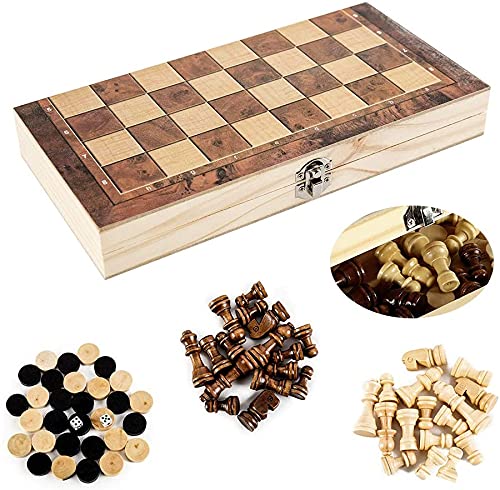 3 in 1 Wooden Chess Set, Folding Board Chess International Checkers Portable Chessboard Game Board Set (29*29cm)