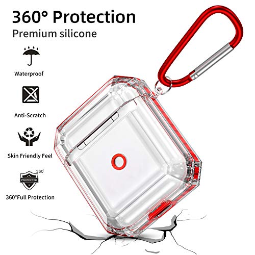 Fitlink Case for AirPods 2&1, Anti-Scratch Shock-Absorption Soft TPU Crystal Clear Case Cover for Apple AirPods 2&1 in Charging Case with Carabiner (AirPods with Wireless Charging Case, Red)