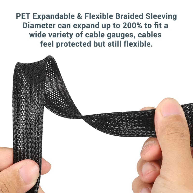 10ft-1inch PET Expandable Braided Sleeving Wire Loom Cable Sleeves Automotive Wire Sleeve Cable Management Wrap Wire Protector Tubing Desk Wire Organizer for Home, Office, Audio HDMI Cable, Black