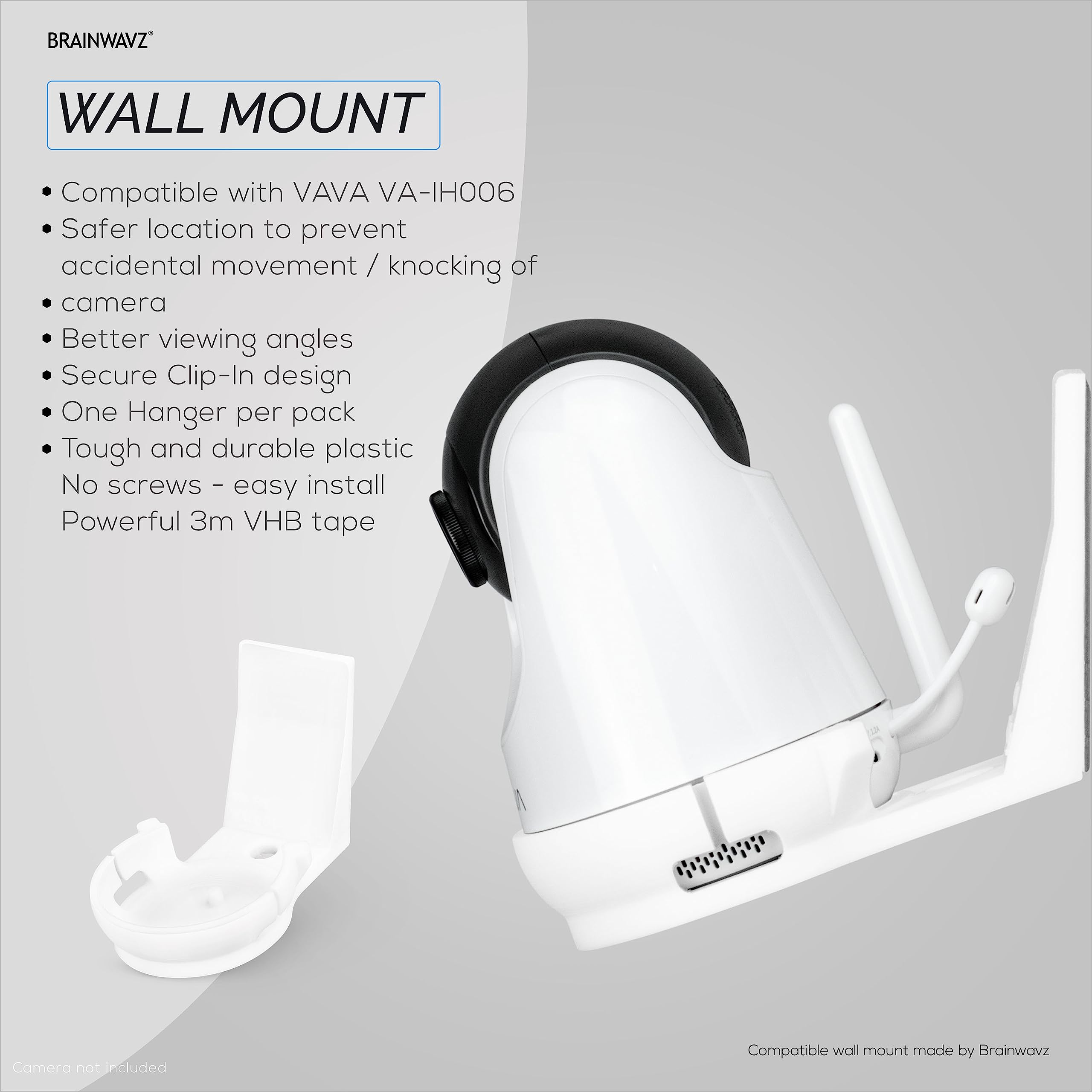 BRAINWAVZ Adheasive Wall Mount for VAVA Baby Monitor Camera (VA-IH006) Shelf - No Screws, Easy to Install, No Mess, Strong Mount Holder, White