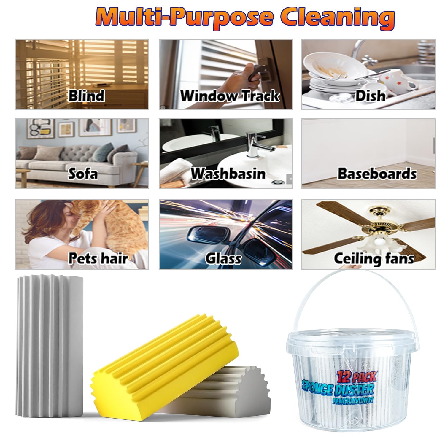 12-Pack Damp Clean Sponge Duster,Magic Sponge Eraser for Household Cleaning,No Dust Flying.Reusable Dusters Cleaning Supplies for Housekeeping,Blinds,Baseboards,Window Track,Glass,Vents.