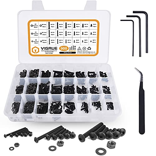 VIGRUE 900PCS M2 M3 M4 Hex Button Head Socket Cap Screws Bolts Nuts Washers Assortment Kit Alloy Steel with Allen Wrench