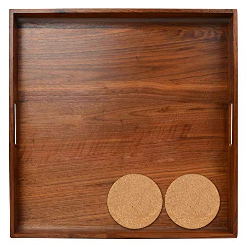 Large Ottoman Tray | 19 x 19 inches Oversized Square Solid Black Walnut Wooden Table Serving Tray | with Handles - Durable - Sleek Design for Coffee, Tea, Breakfast Platter, Decorative