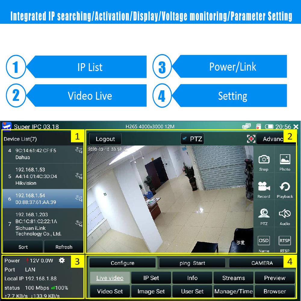 7 Inch IP Camera Tester Security CCTV Tester Monitor-Support 6K IP/Coax/Analog Camera-with HDMI in&Out/Power Output/PTZ Control/IP Searching/Network Tool