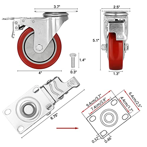 4 inch Heavy Duty Casters Load 1800lbs,Lockable Bearing Caster Wheels with Brakes,Swivel Casters for Furniture and Workbench,Set of 4 (Free Screws)