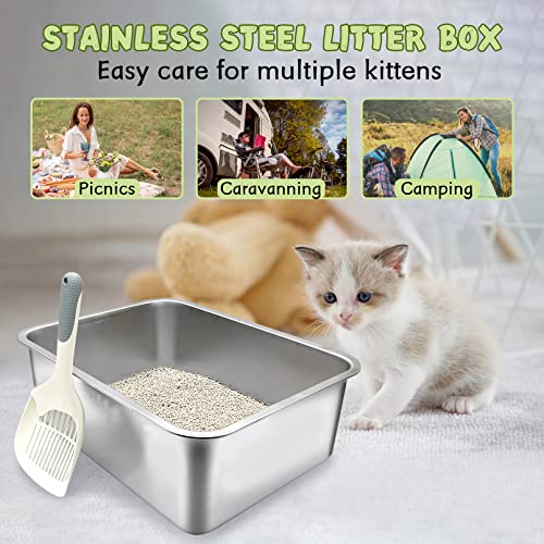 BNOSDM 2 Pack Stainless Steel Litter Box Smooth Litter Pan for Cats and Rabbits Metal Cat Litter Box High Sided, Non Stick, Easy to Clean, 17.7" L X 13.8" W X 5.9" H