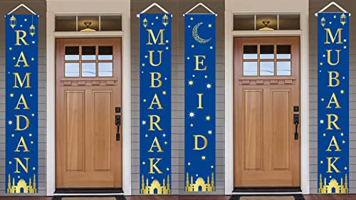 2 in 1 Ramadan Eid Mubarak Door Banner for Home,Mosque,Iftar,Eid Al Adha,Eid Al Fitr, Ramadan and Eid Decoration, Includes 1 Crescent and Star Banner (Blue)