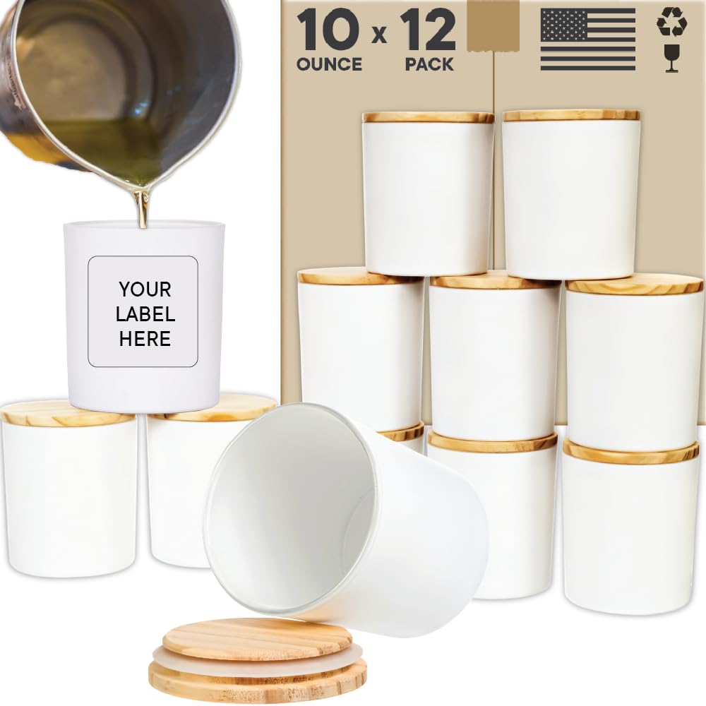 12-Pack, 10 OZ Candle Jars for Making Candles White Glass with Bamboo Sealed Lid - Luxurious Glass Candle Container Supplies, Leak Proof, Reusable Storage & Dishwasher Safe