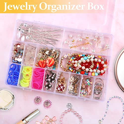 2 Pack 24 Grids Clear Plastic Organizer Box, Storage Container with Adjustable Divider, Craft and Bead Storage Organizer Box for DIY Jewelry Tackles with 2 Sheets Label Stickers