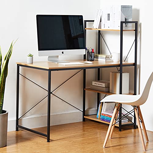 Coral Flower Tower Computer Desk with 4 Tier Shelves - 47'' Multi Level Writing Study Table with Bookshelves Modern Steel Frame Wood Desk Compact Home Office Workstation ,Light Walnut