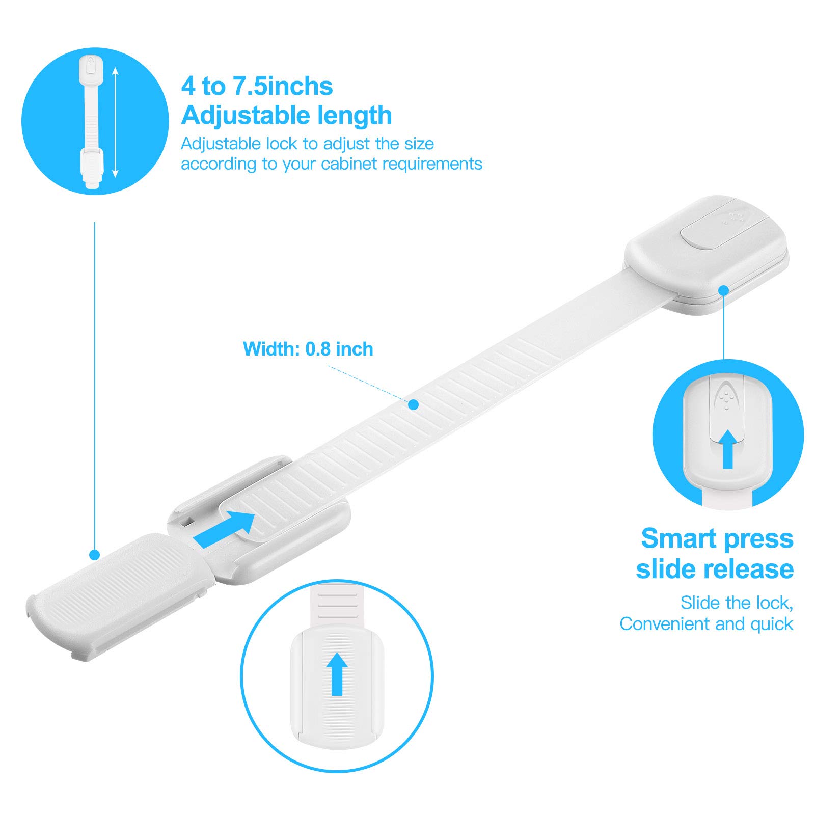 Child Safety Strap Locks for Cabinet, Fridge, Ovens, Toilet, Drawer, Trash can etc with Strong Adhesive Not Easy to Fall Off, Adjustable Length, 2 Packs