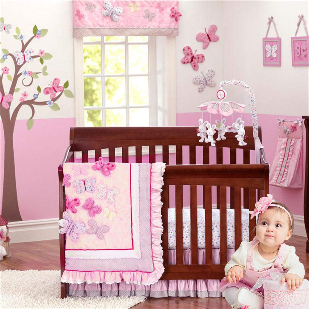 Brandream Pink Butterfly Floral Crib Bedding Set for Girls | 4 Piece Nursery Set | Comforter, Fitted Sheet, Skirt, Diaper Stacker Included