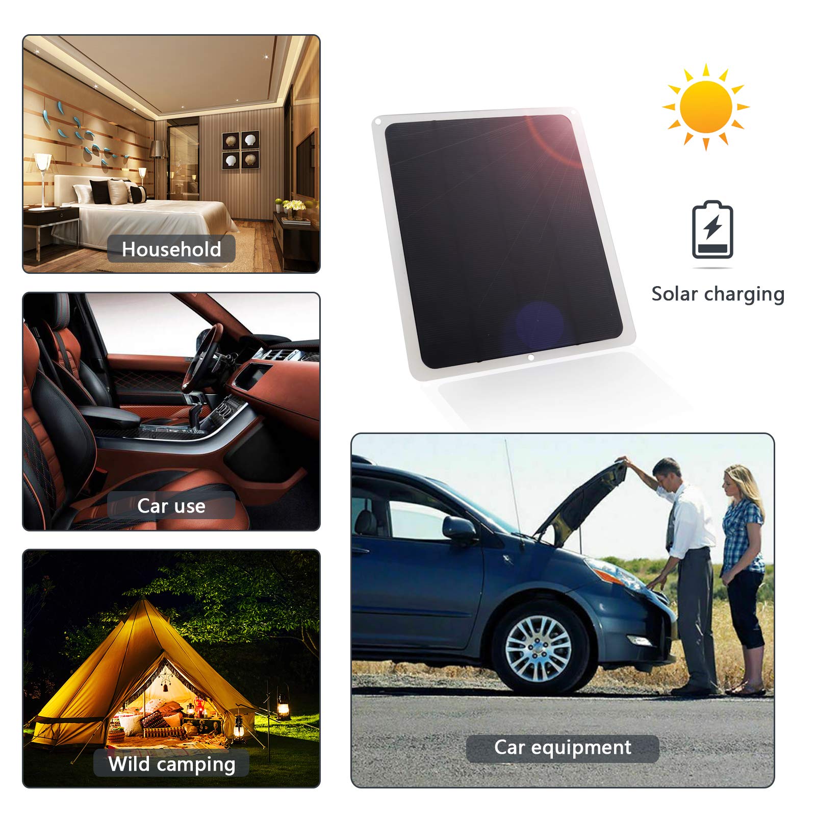 12V DC USB 5V Solar Car Battery Charger Portable SunPower Panel Trickle with Cigarette Lighter Plug Alligator Clip Cables USB Port Outdoor Travel Camping