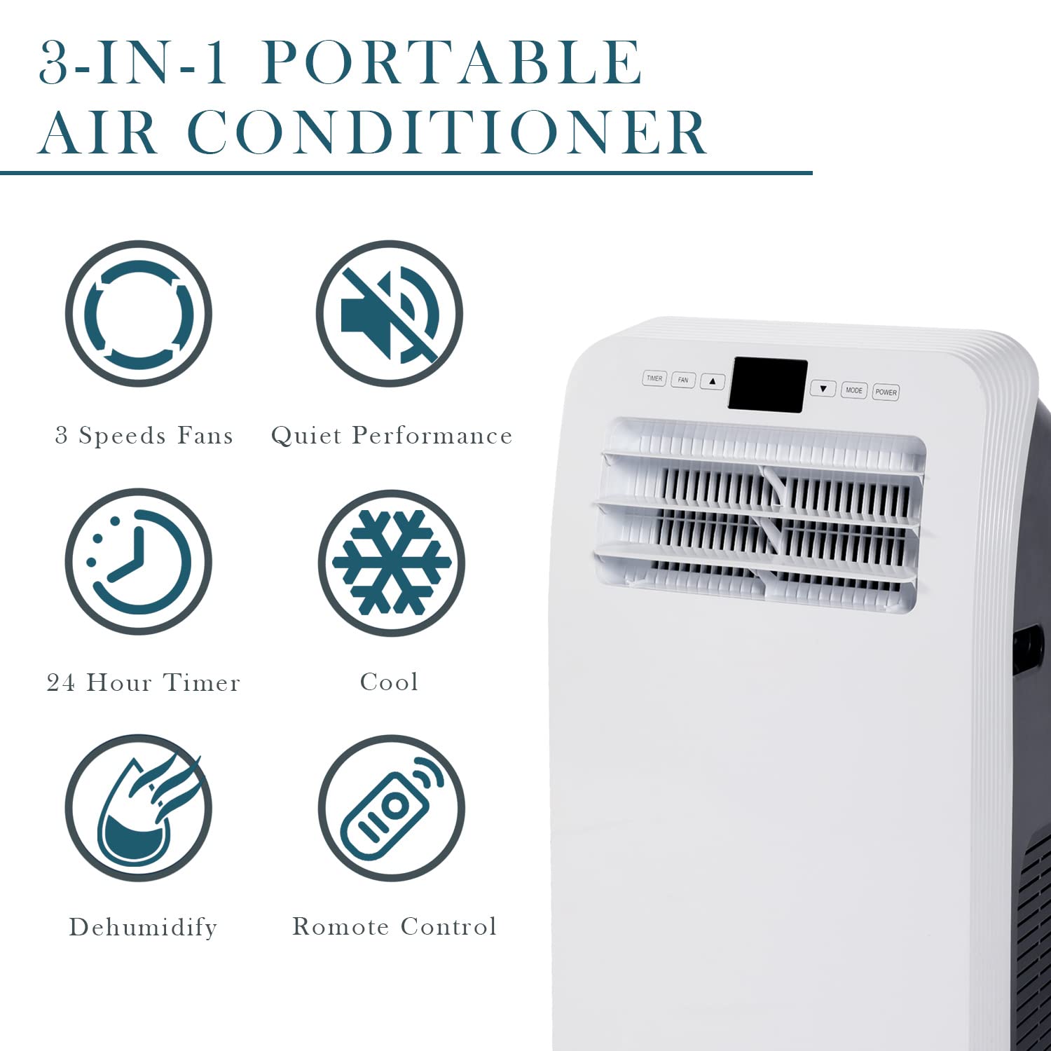 12,000 BTU Portable Air Conditioner with Built-in Dehumidifier & Fan Mode, 3-in-1 Quiet AC Cooling Unit Cools up to 400 sq. ft,LCD Display, Remote Control,Window Mount Kit Include