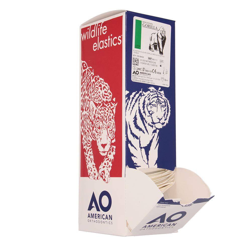 American Orthodontics Elastics Wildlife Gorilla | Medium, 4.5 Oz, 3/16" Size, 100 Packs Per Box, 10,000 Total | Made in The USA | Exacting Dimensions, Precision Cutting, Top Quality Latex Tubing