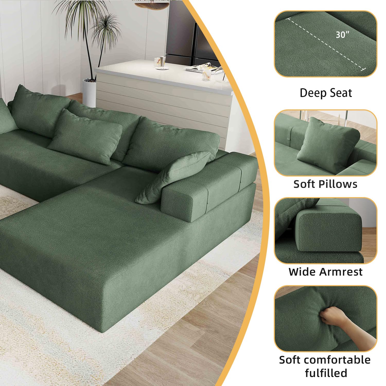 108" L Shaped Modular sectional couches for Living Room, Queen Sleeper Comfy sectional Sofa,futon Couch Set for Apartment, Studio, Office,Bedroom (Grey Left Chaise)