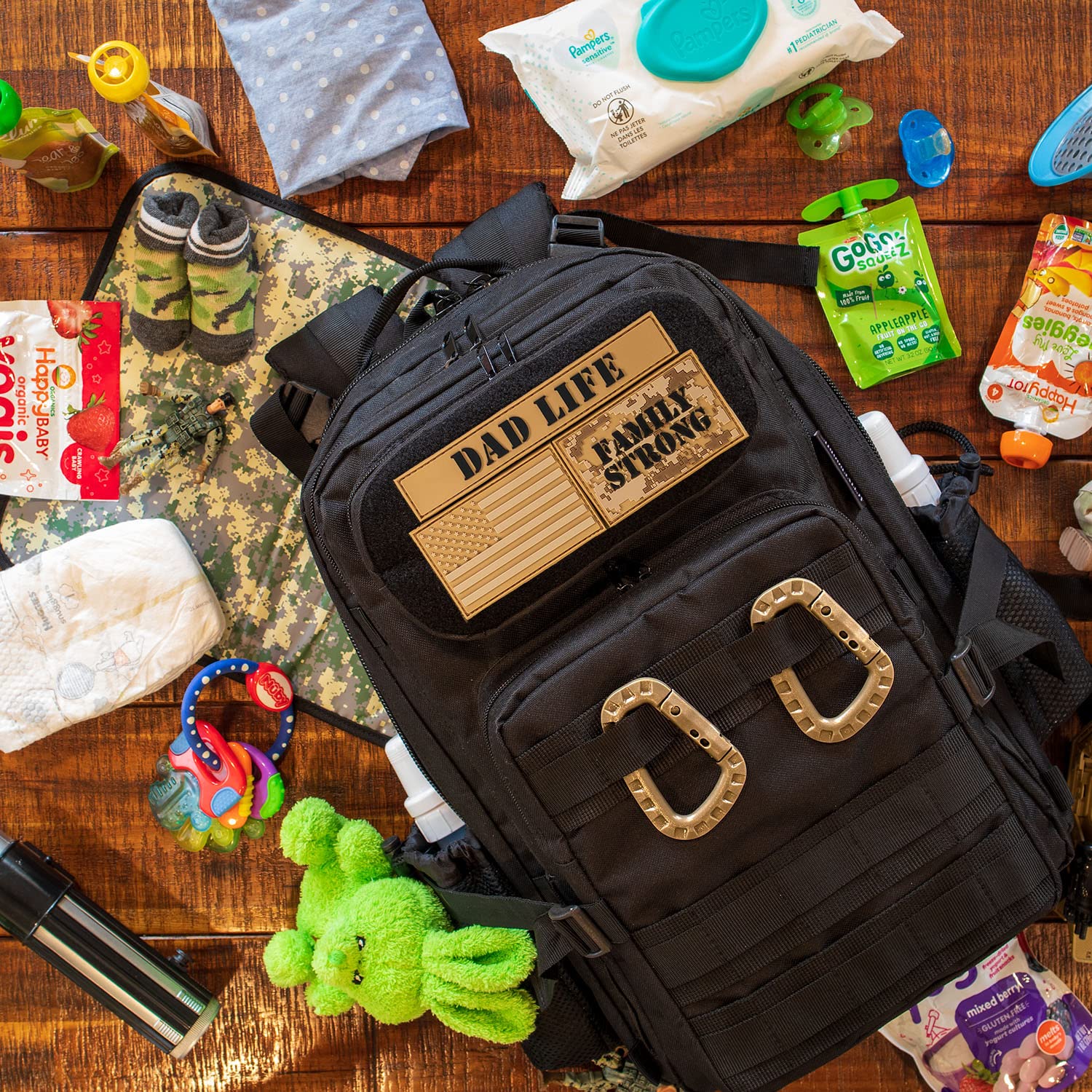 ActiveDoodie Dad Diaper Bag for Men with Removable Patches, Waterproof Tri-fold Changing Pad, Insulated Pouches, Molle Webbing, YKK Zippers, Black