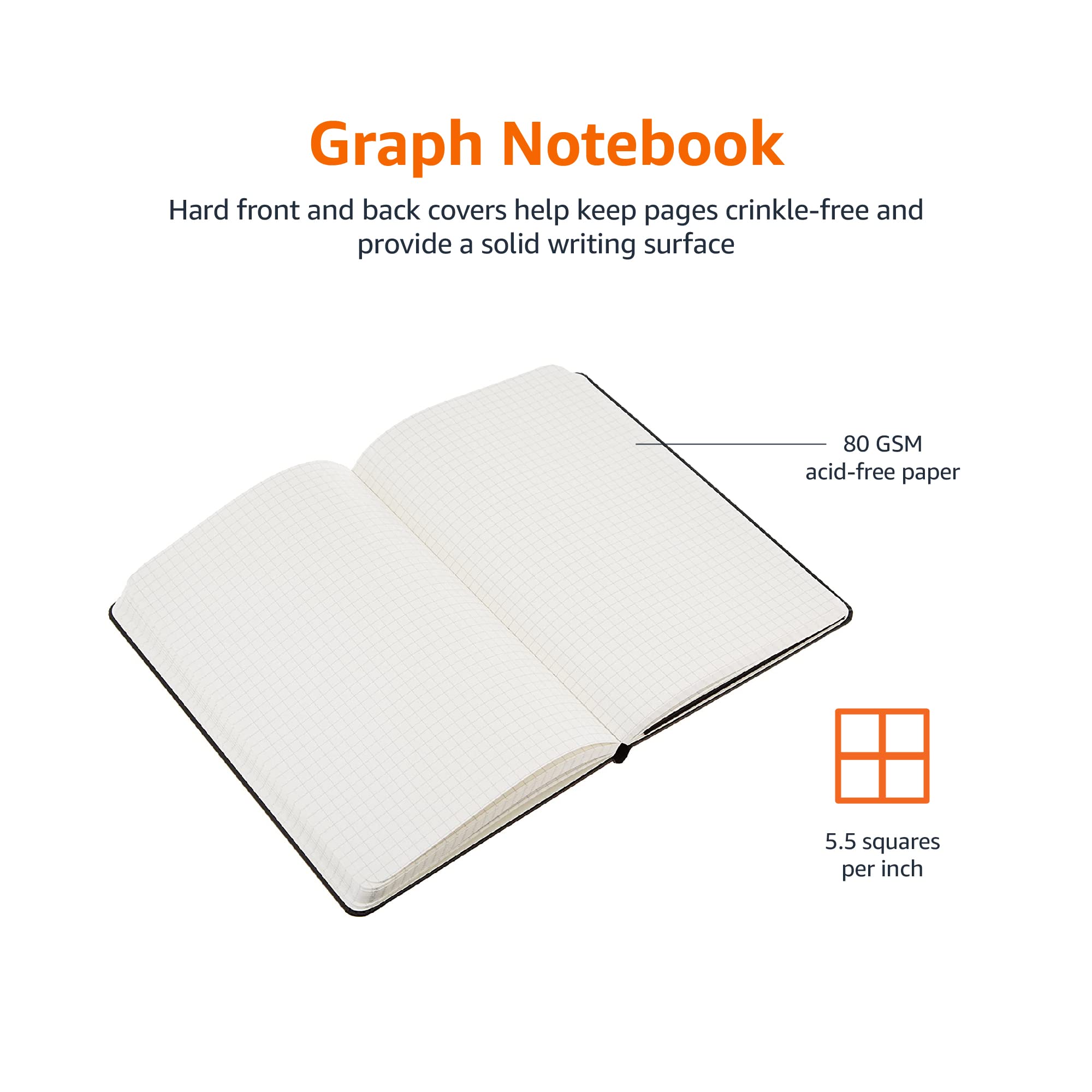 Amazon Basics Classic Grid Notebook, 240 Pages, Hardcover - 5 x 8.25-Inch, Graph Ruled Pages