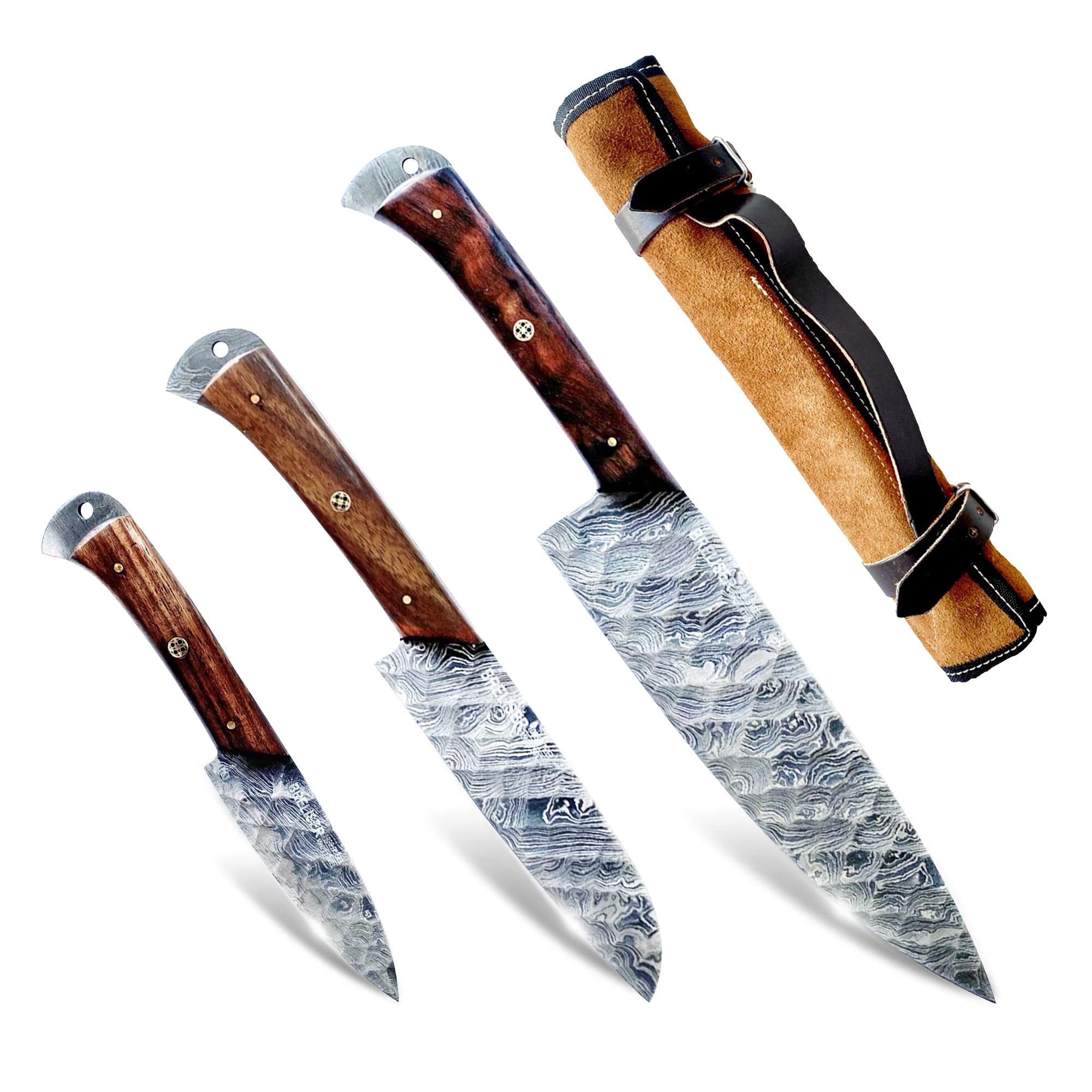 Breliser 3-Piece Knives Set for Kitchen, Damascus Chef Knife Set With Professional Chef Knife, Santoku Knife, & Paring Knife, Diamond-Hammered Kitchen Knifes With Rosewood Handles, Gifts for Chefs