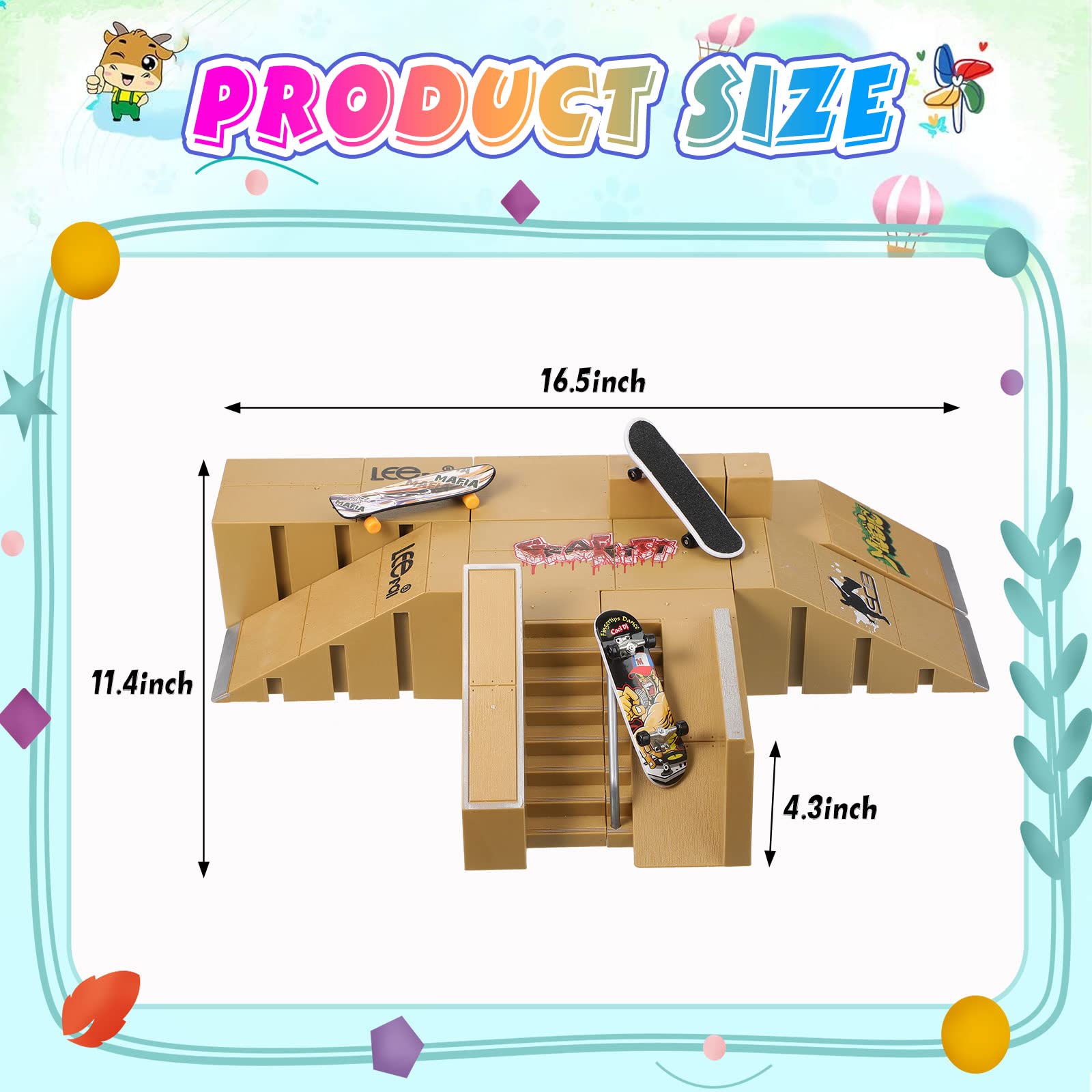 13 Pcs Finger Skateboard Ramp Kit, 6 Lighted Tech Skatepark Finger Skateboards and 3 Mini Finger Skateboard Mini Skateboards Toys Training Gift, Orange, Green, Blue