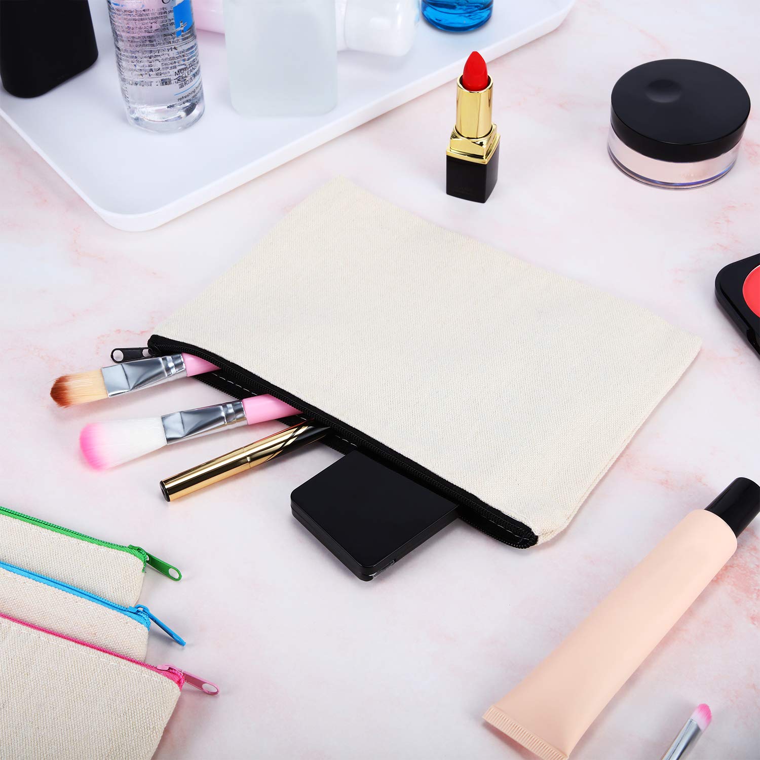 12 Pieces Multipurpose Canvas Cosmetic Bag Makeup Pouches with Zipper Canvas Bag Blank Makeup Bag Plain Pencil Pouch Travel Toiletry Bag for Women Girls DIY
