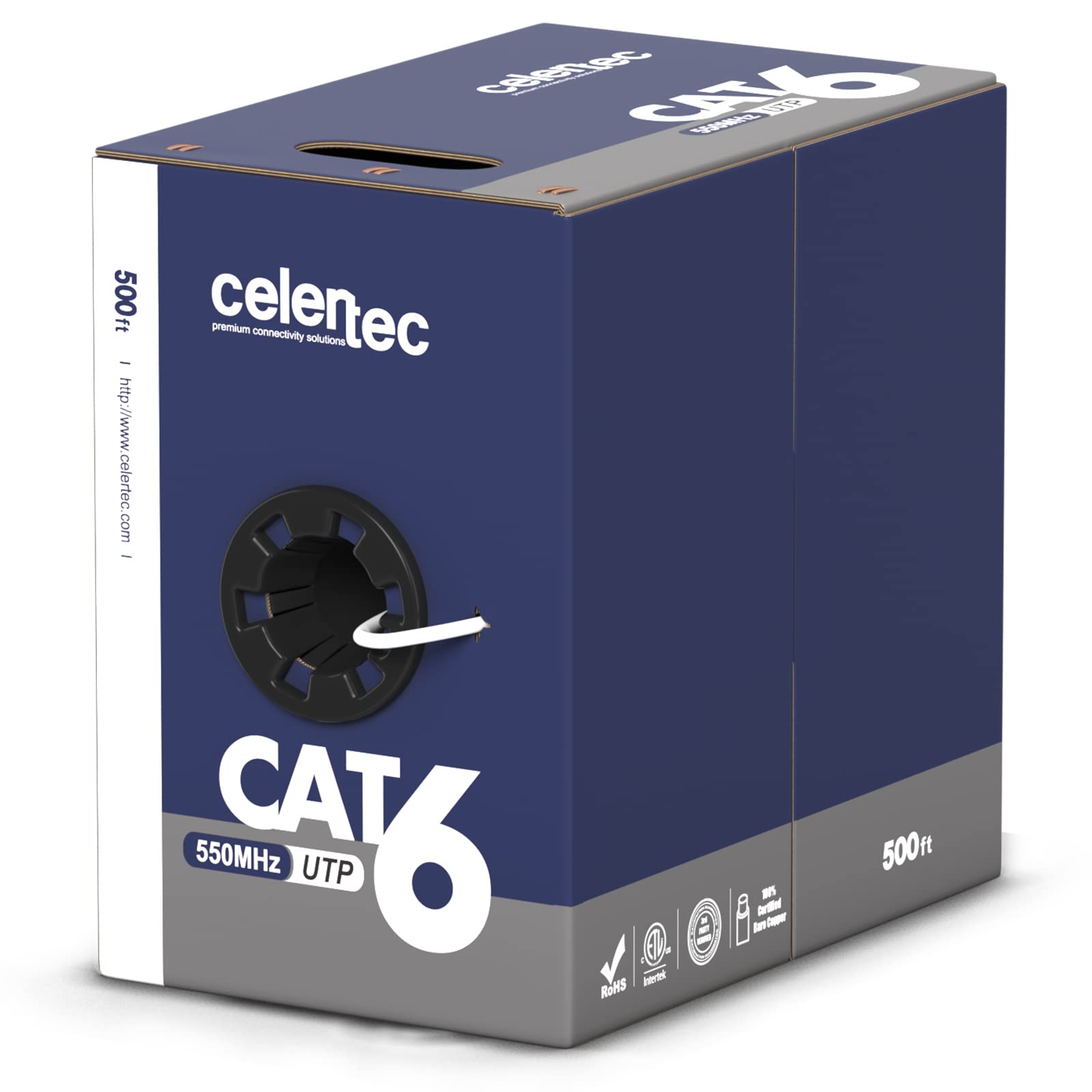 celertec CAT6 Ethernet Cable, 500ft, 23AWG Solid Bare Copper, Unshielded Twisted Pairs(UTP), 550MHz, ETL Listed &CMR Riser Rated, Indoor, Bulk Ethernet Cable -White