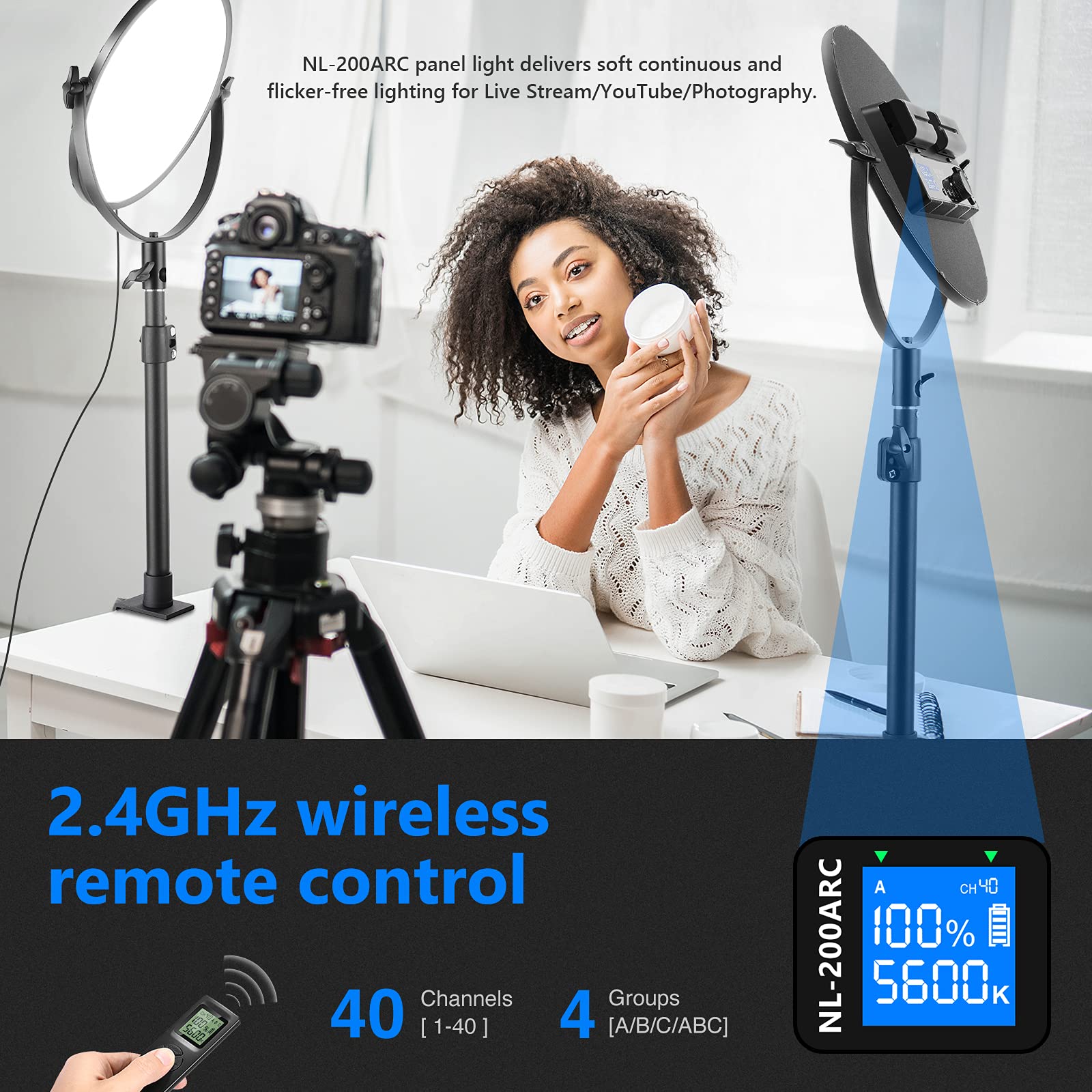 Neewer Desk Mount Round LED Video Light with C-Clamp Stand and 2.4G Wireless Remote, 2-Pack 10.6-inch 30W 3200K-5600K Dimmable Bi-Color Soft Light Panel CRI97+ for Game/Live Streaming/Video Conference