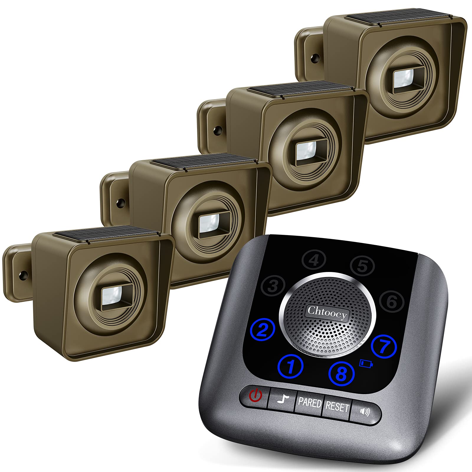 Chtoocy 4 Pack Solar Driveway Alarm Wireless Outside Long Range 3000 ft Weatherproof Solar Outdoor Perimeter Gate Alarm System Moiton Sensor Alert & Detector Driveway Alarm w Rechargeable Battery