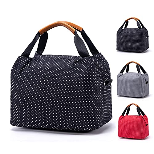 CALIYO Lunch Bag for Women, Insulated Kids Lunch Container with Leather Holder, Foldable Cute Small Cooler Polka Dot Lunch Tote Bag for Office School Picnic Camping Travel, 9L,Black