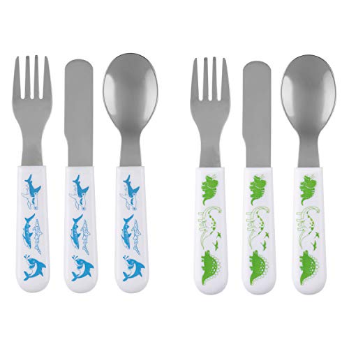 Brinware Toddler Utensils Kids Silverware Set - Fork Spoon and Knife Cutlery Set (6 Pack) Stainless Steel Flatware - Self Feed Baby Utensils - Dino/Shark
