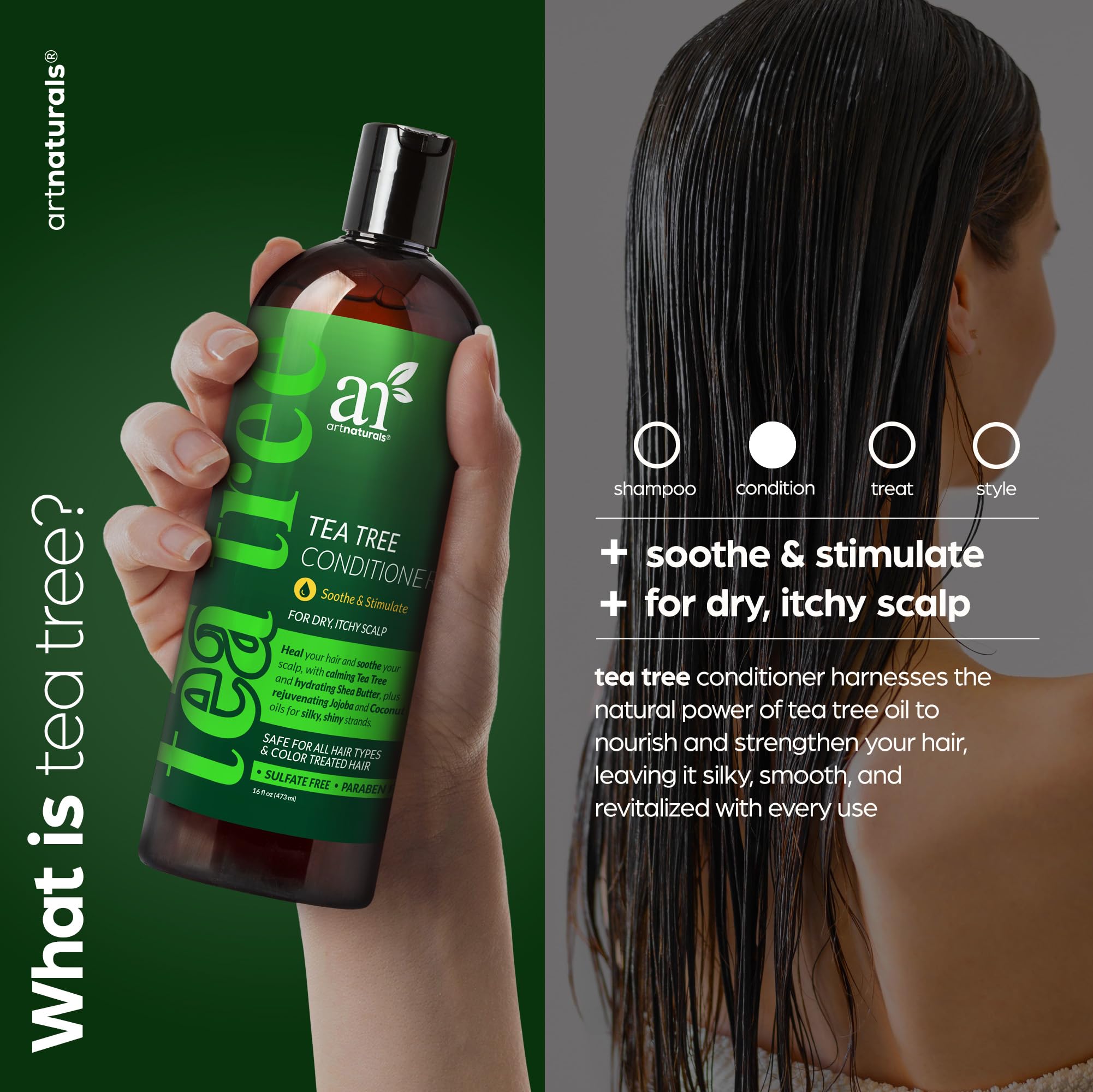 artnaturals Tea Tree Conditioner 16 Fl Oz - Sulfate Free – Made w/ 100% Pure Natural Therapeutic Grade Tea Tree Essential Oil - For Dandruff, Sensitive, Itchy, Dry scalp - For Men & Women