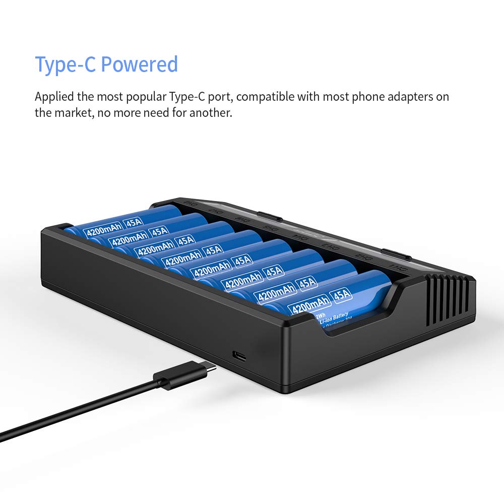 8 Bays Charger USB C Battery Charger XTAR VC8 Type C 3A Fast Charger 8-Bay Smart Charger LCD Display for 3.6V 3.7V Li-ion 1.2V Ni-MH C (Package Not Including Battery)