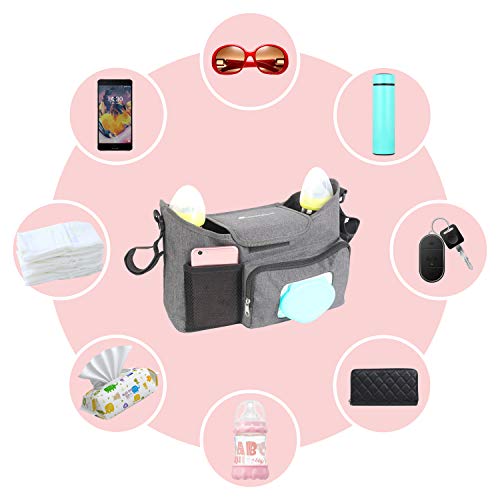 LittleXplorer Baby Stroller Organizer: Diaper Caddy - Extra Stroller Cup Holders - Wet Wipes Dispenser Pocket - Changing Pad and Toy Storage - Attaches to Single, Double, Jogging or Umbrella Stroller