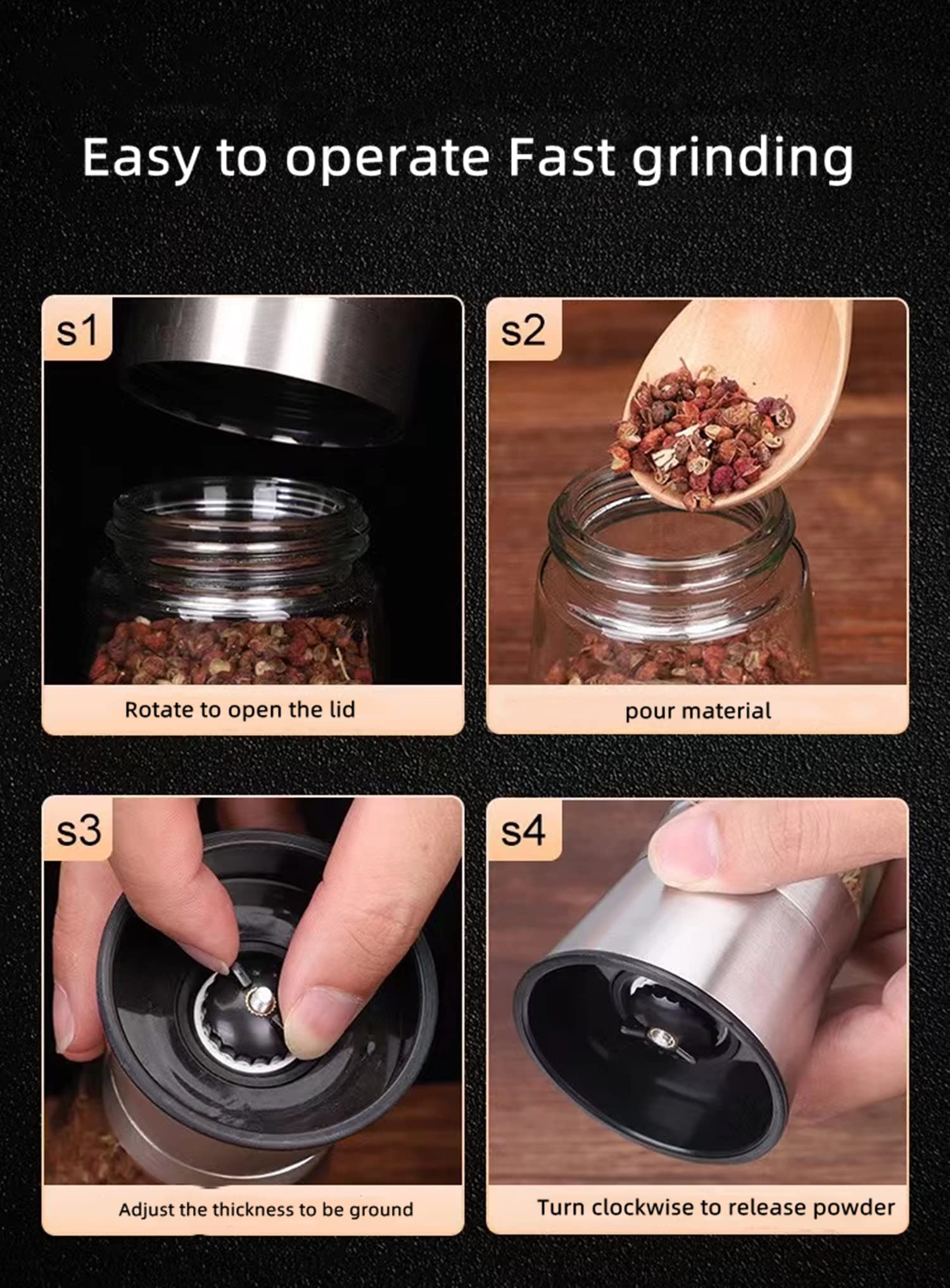 1pcs Pepper Grinder or Salt Grinder, Best Spice Mill with Ceramic Blades, Adjustable Coarseness, Brushed Stainless Steel Cap, and Refillable Tall Glass Body (7.5")