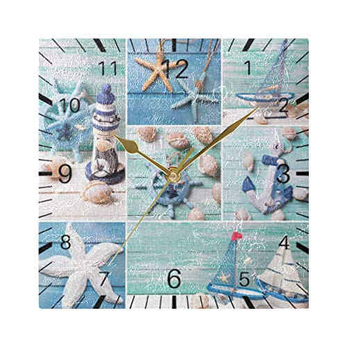 ALAZA Sea Anchor Lighthouse Ship's Wheel Ocean 7.9 Inch Square Wall Clock Battery Operated Non-Ticking Silent Quartz for Kitchen Home Living Room Office Bedroom(Black Pointer)