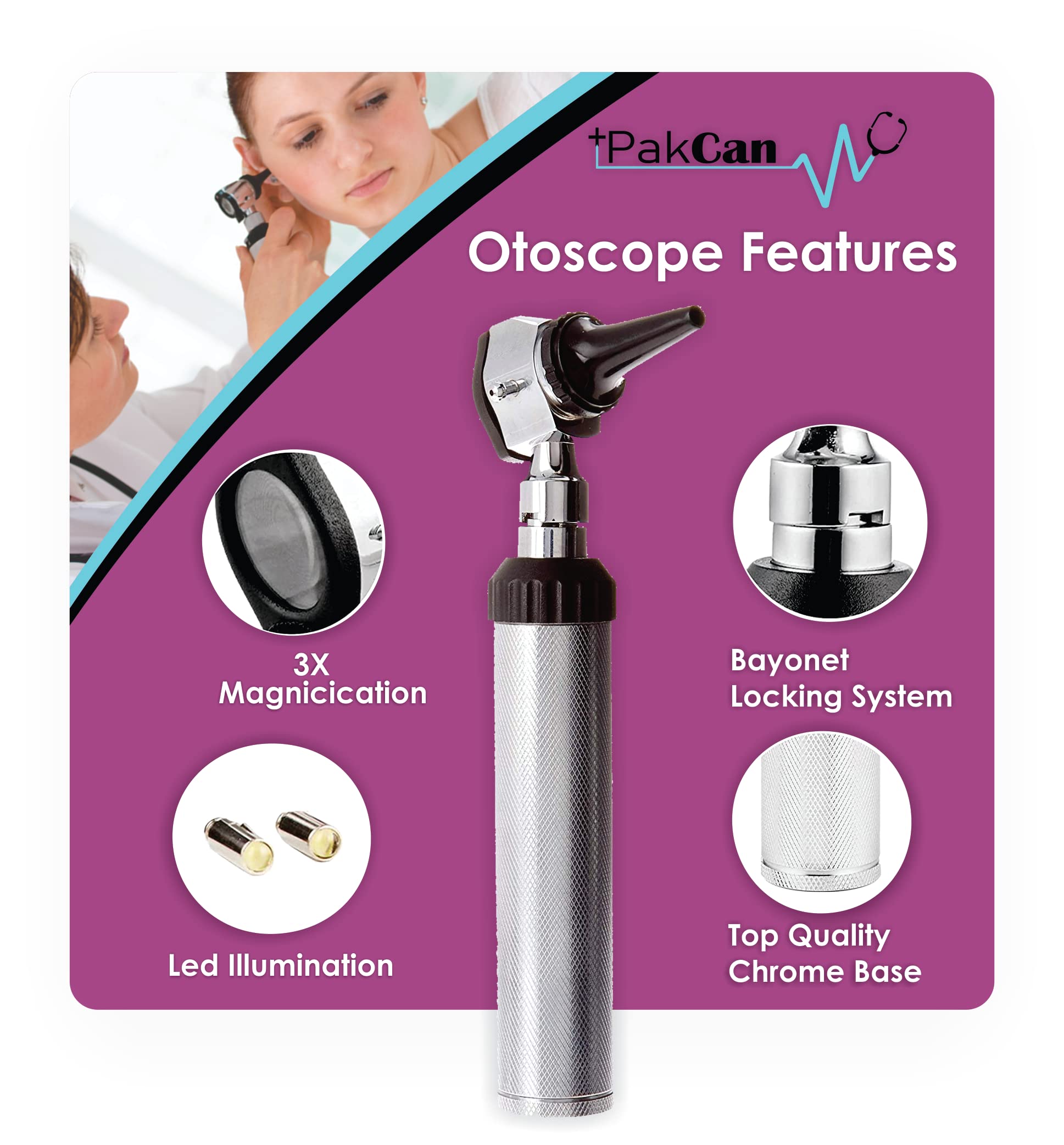 Pakcan Combo Otoscope Set - Multi-Function Otoscope for Ear, Nose & Eye Examination